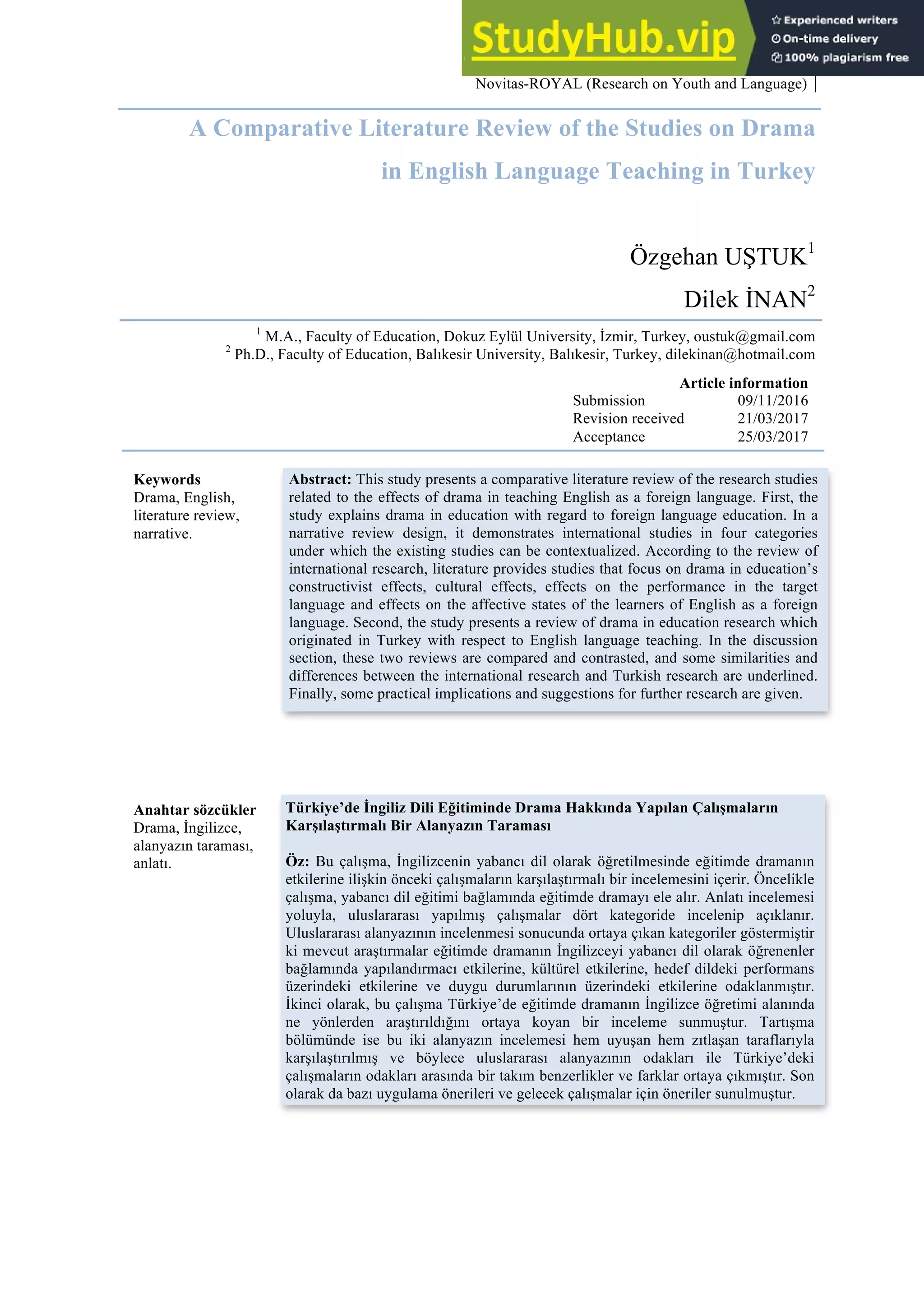 A Comparative Literature Review Of The Studies On Drama In English ...