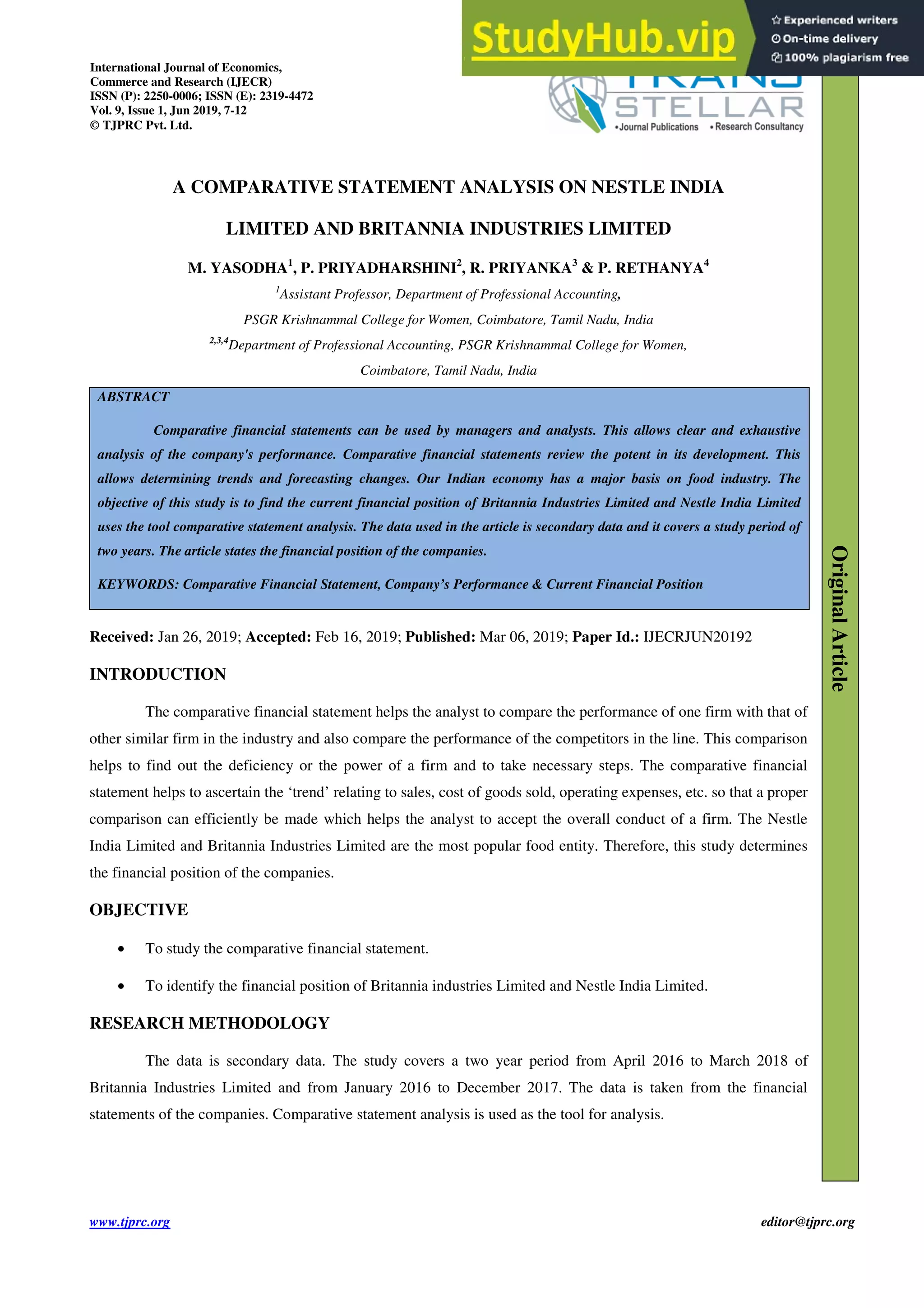 A COMPARATIVE STATEMENT ANALYSIS ON NESTLE INDIA LIMITED AND BRITANNIA ...