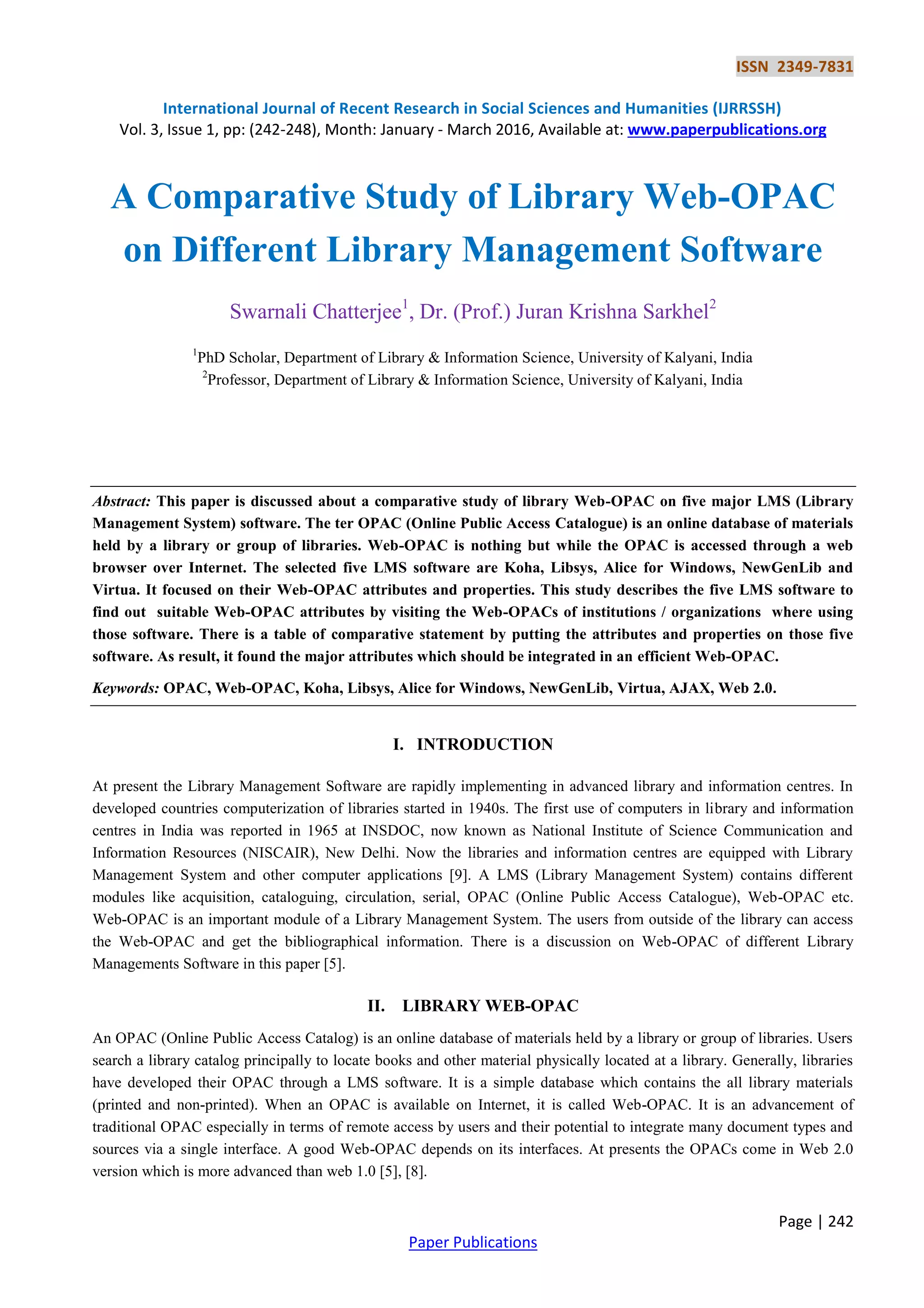 A Comparative Study of Library Web-OPAC on Different Library Management Software | PDF