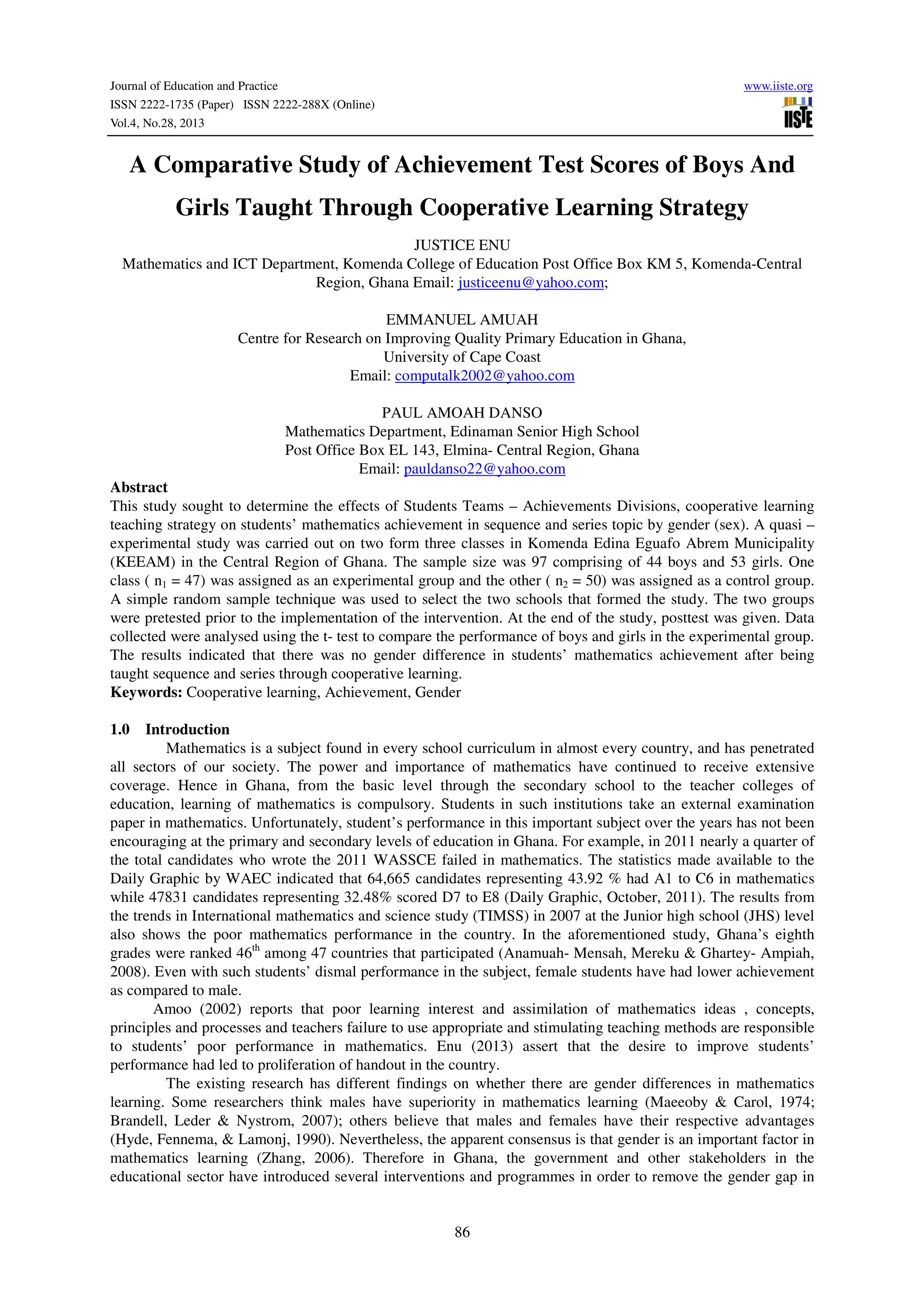 A comparative study of achievement test scores of boys and girls taught ...