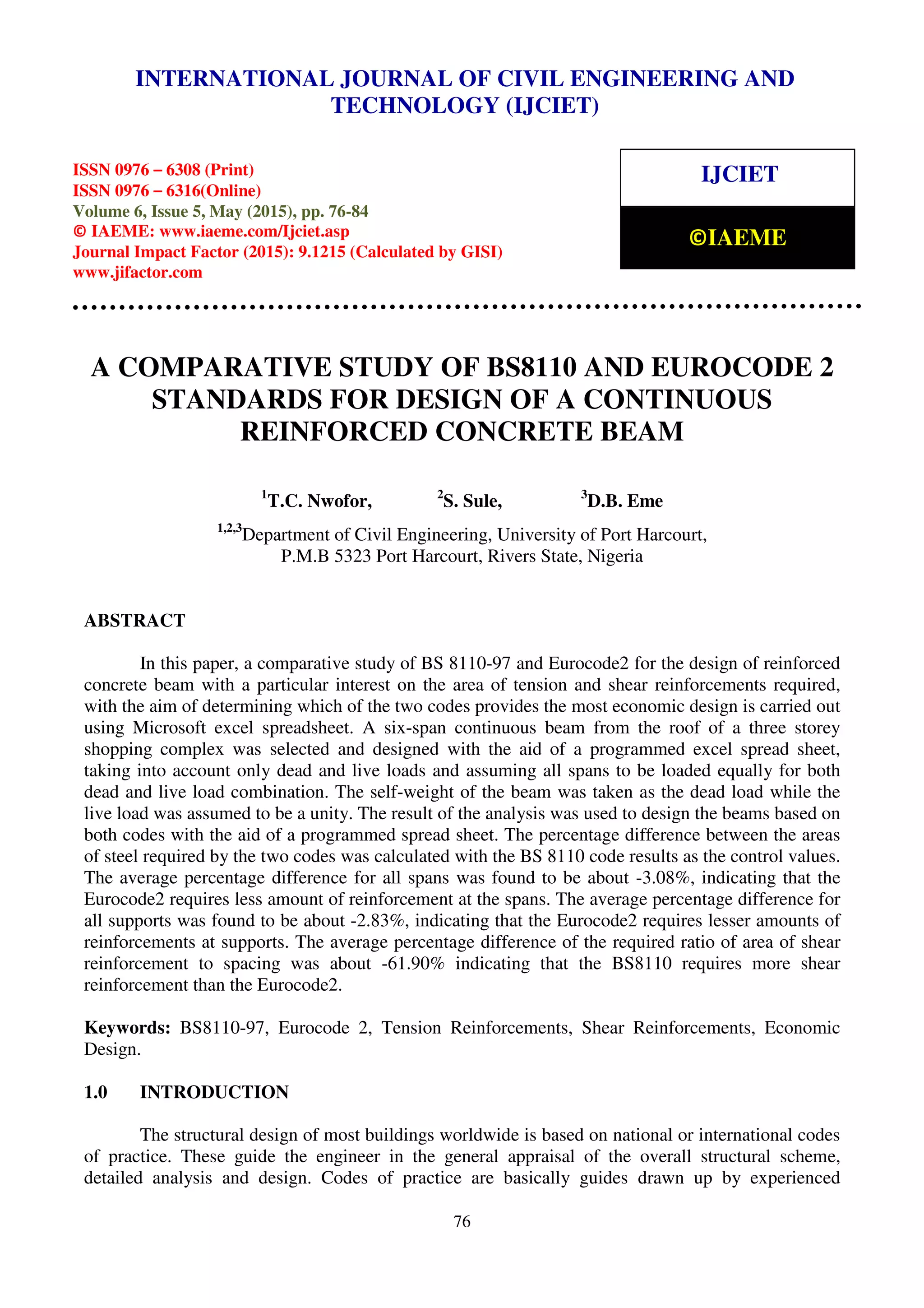 A COMPARATIVE STUDY OF BS8110 AND EUROCODE 2 STANDARDS FOR DESIGN OF A ...