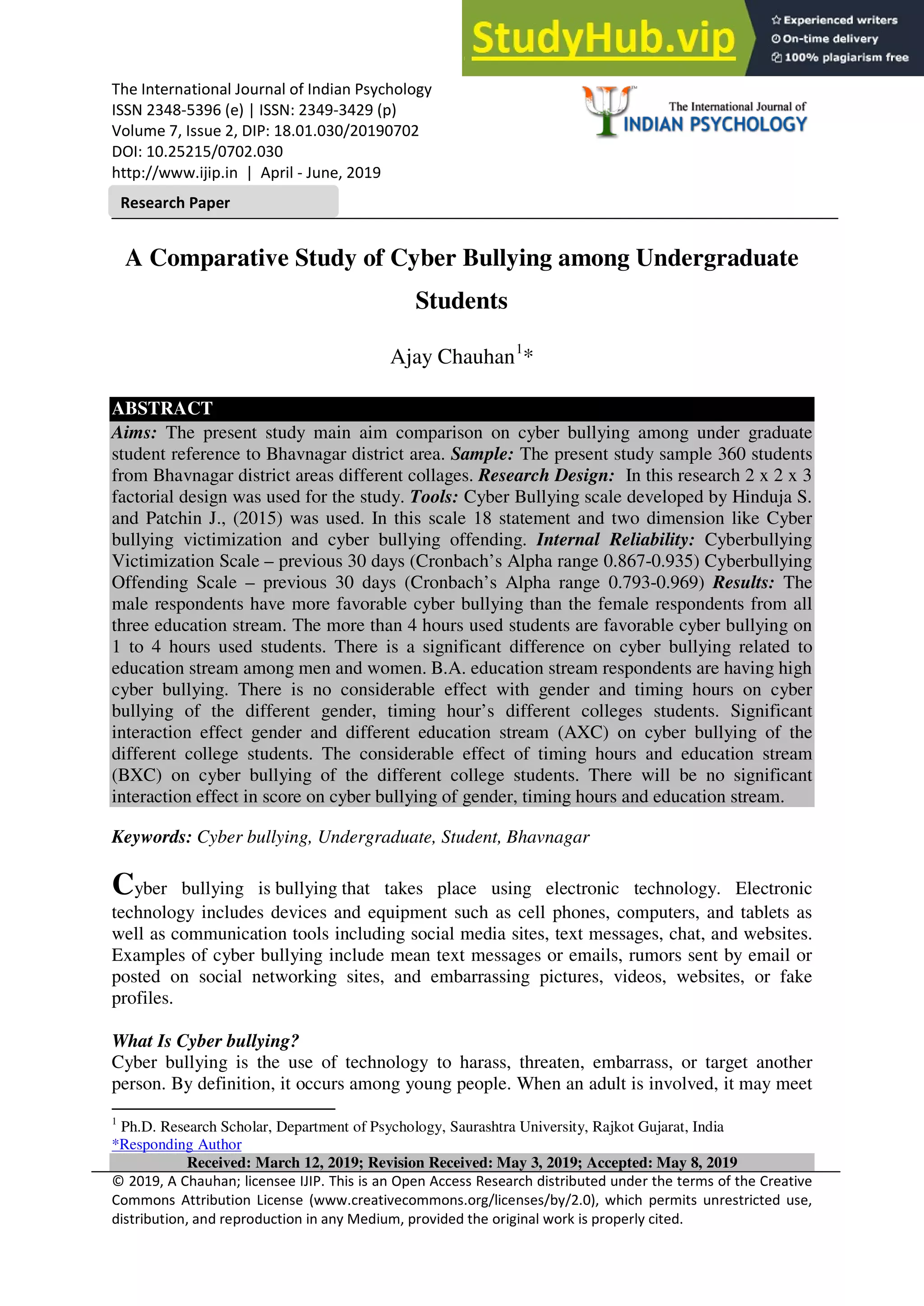 A Comparative Study Of Cyber Bullying Among Undergraduate Students | PDF