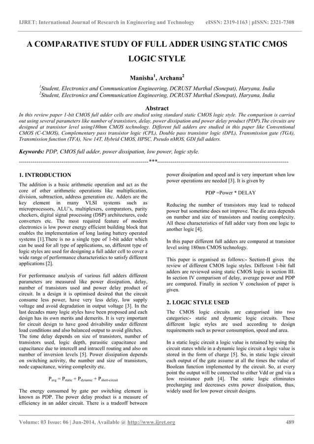 A comparative study of full adder using static cmos logic style | PDF