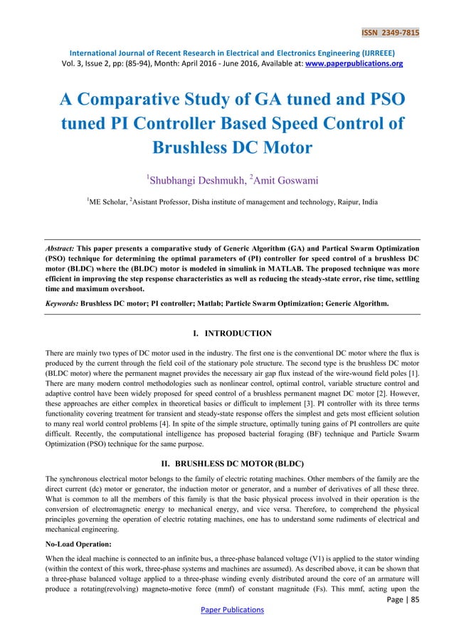 A Comparative Study of GA tuned and PSO tuned PI Controller Based Speed Control of Brushless DC ...