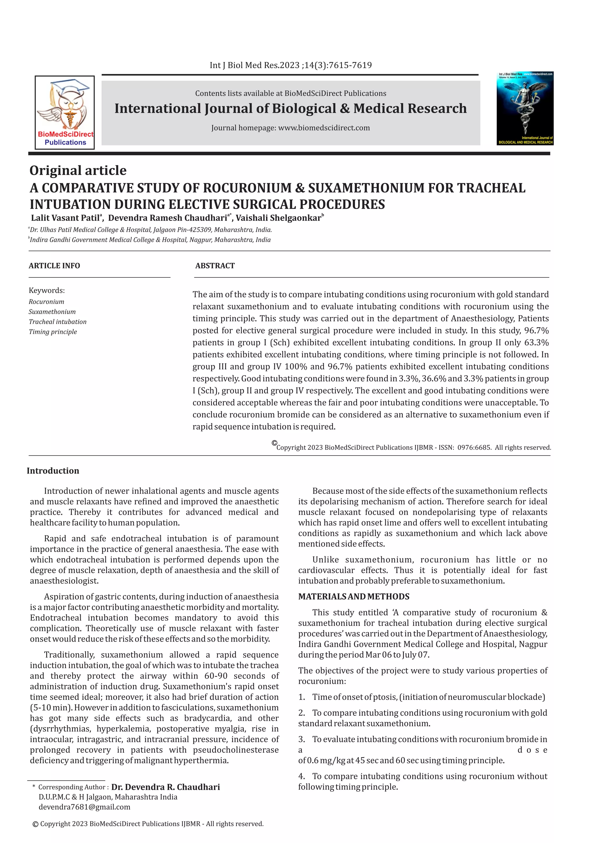 A comparative study of rocuronium & suxamethonium for tracheal ...