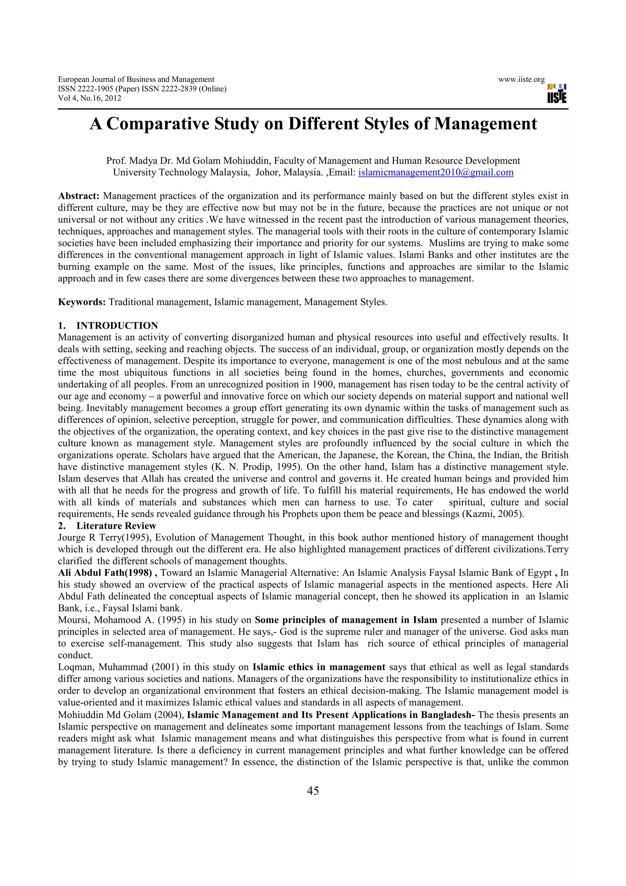 A comparative study on different styles of management | PDF | Islam | Religion & Spirituality