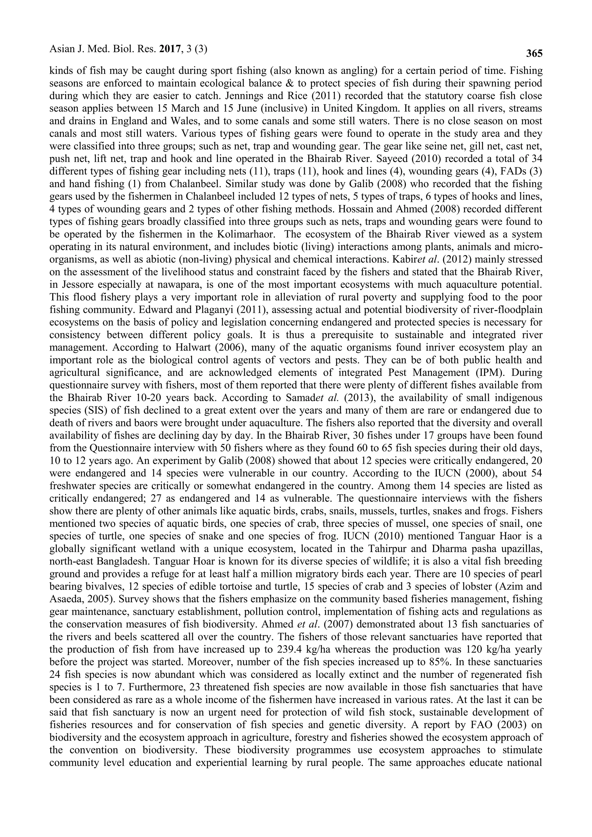 A comparative study on fish biodiversity with conservation measures of the Bhairab River ...