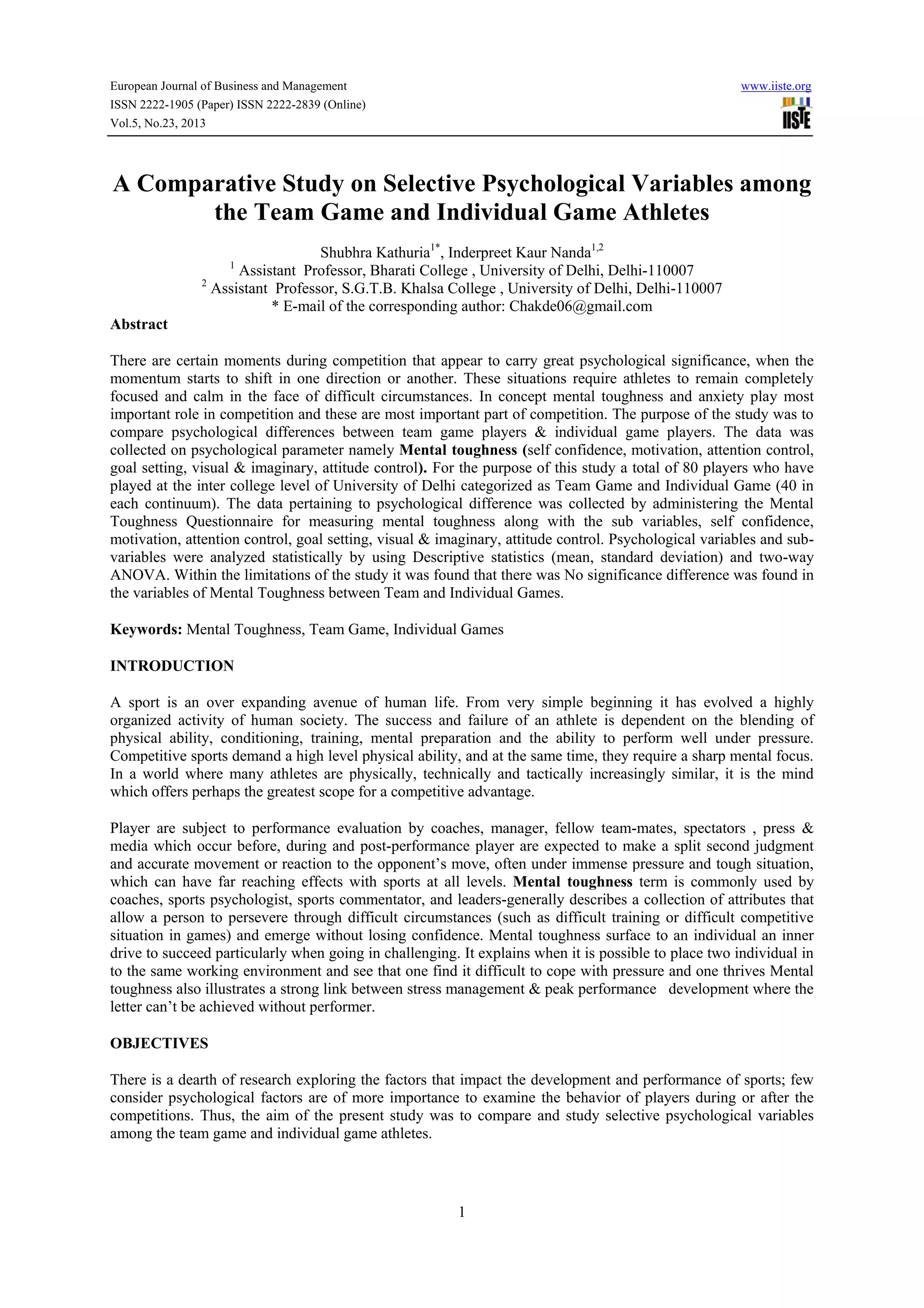 A comparative study on selective psychological variables among the team game and individual game ...