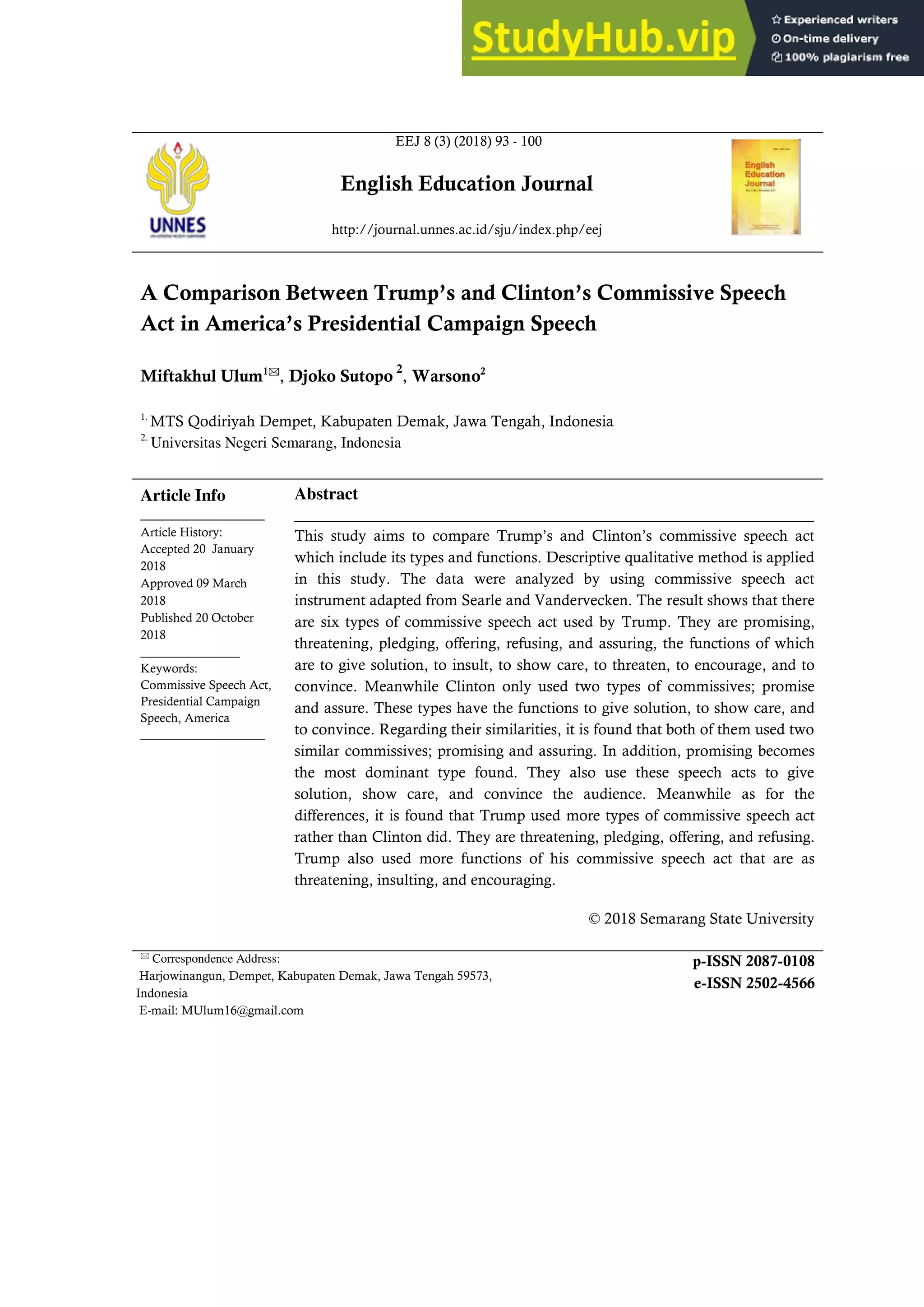 A Comparison Between Trump S And Clinton S Commissive Speech Act In ...