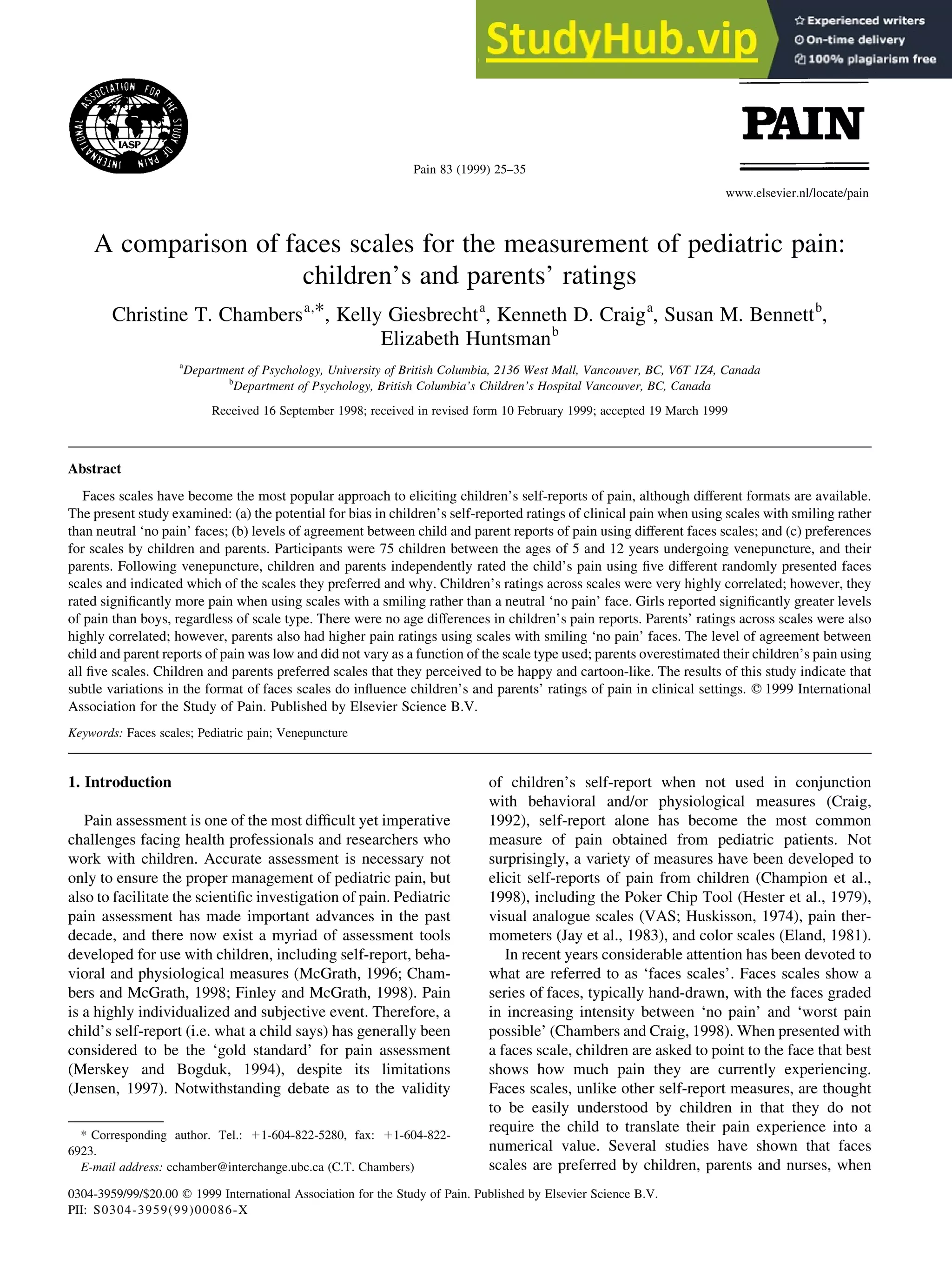 A Comparison Of Faces Scales For The Measurement Of Pediatric Pain ...