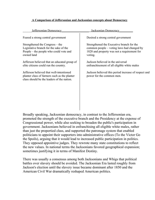 A comparison of jeffersonian and jacksonian concepts about democracy ...
