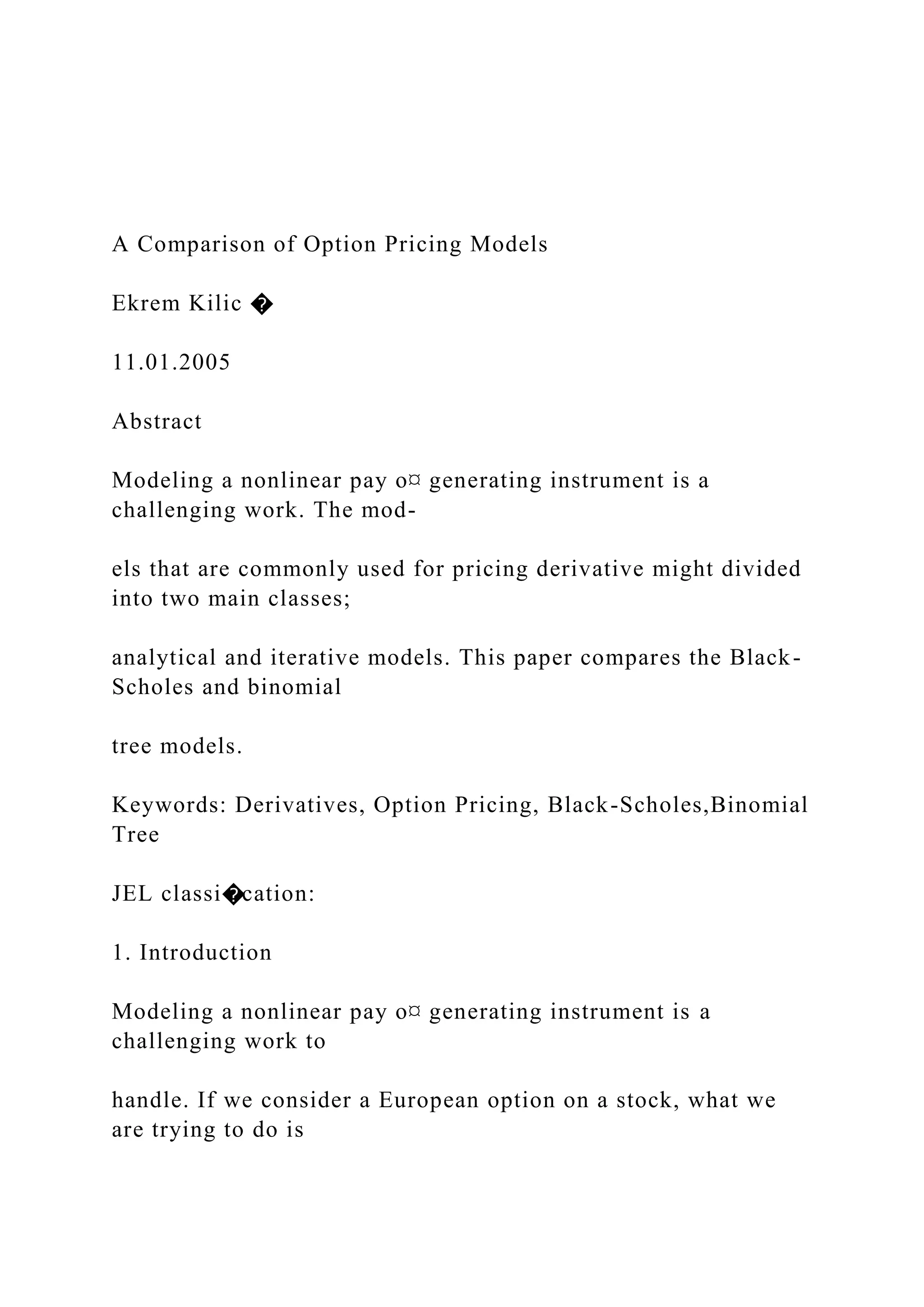 A Comparison Of Option Pricing Modelsekrem Kilic 110docx 
