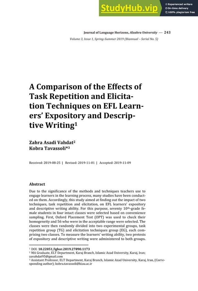 A Comparison Of The Effects Of Task Repetition And Elicitation Techniques On EFL Learners ...