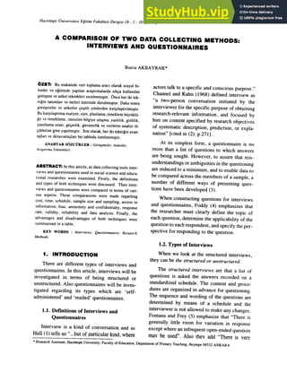 A COMPARISON OF TWO DATA COLLECTING METHODS INTERVIEWS AND ...
