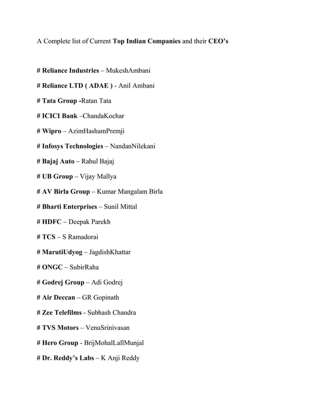 A complete list of current top indian companies and their ceo 002 | DOCX