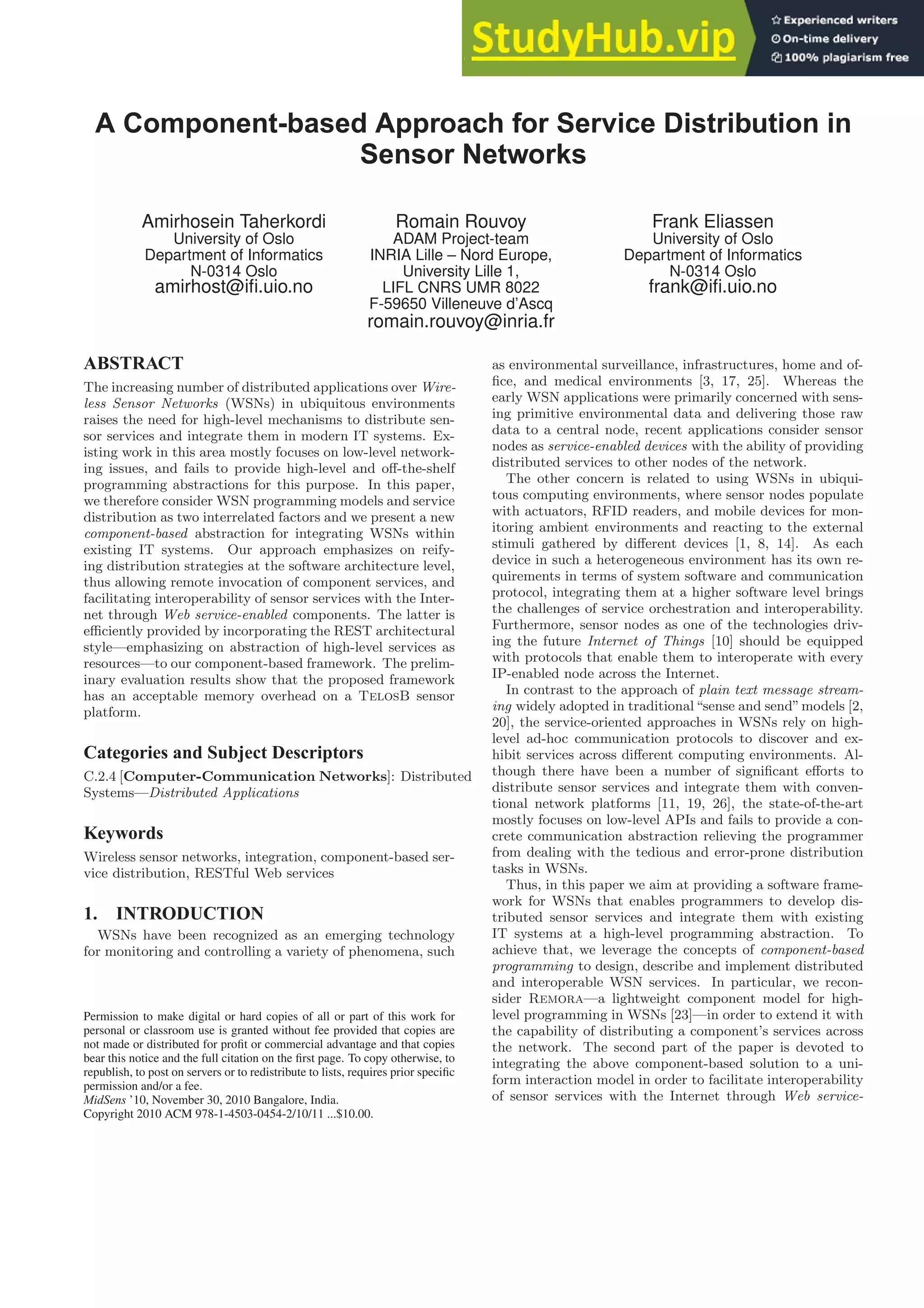A Component-Based Approach For Service Distribution In Sensor Networks | PDF