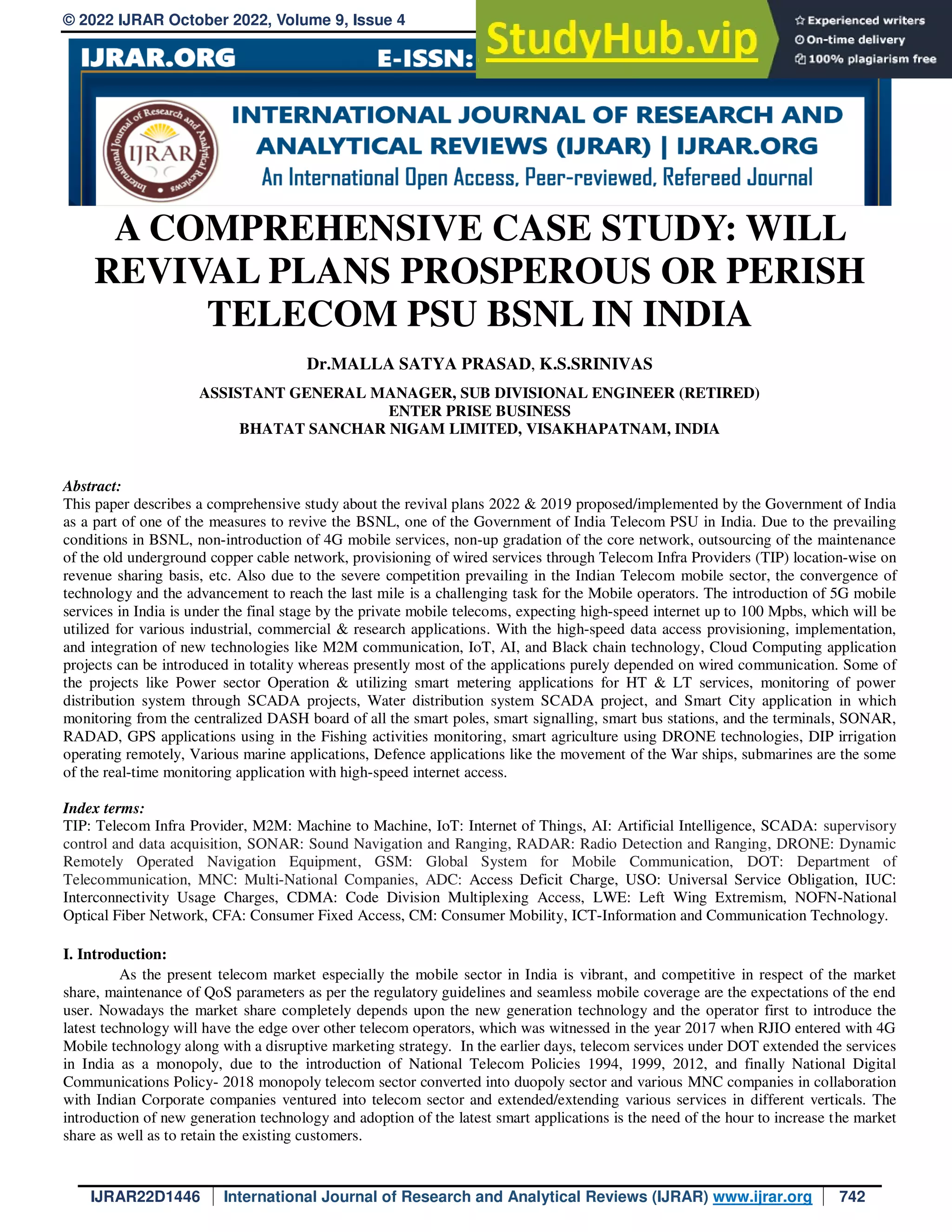 A COMPREHENSIVE CASE STUDY WILL REVIVAL PLANS PROSPEROUS OR PERISH TELECOM PSU BSNL IN INDIA | PDF
