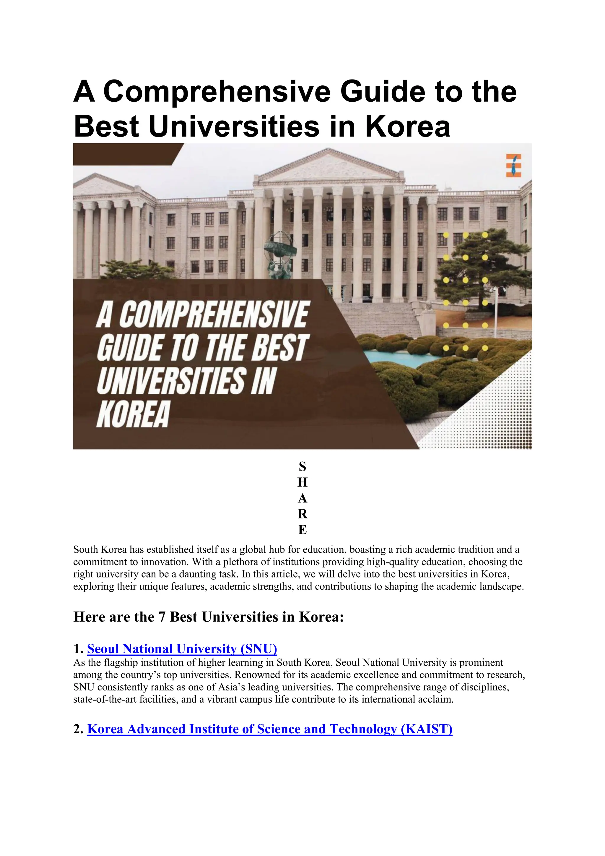A Comprehensive Guide to the Best Universities in Korea | PDF