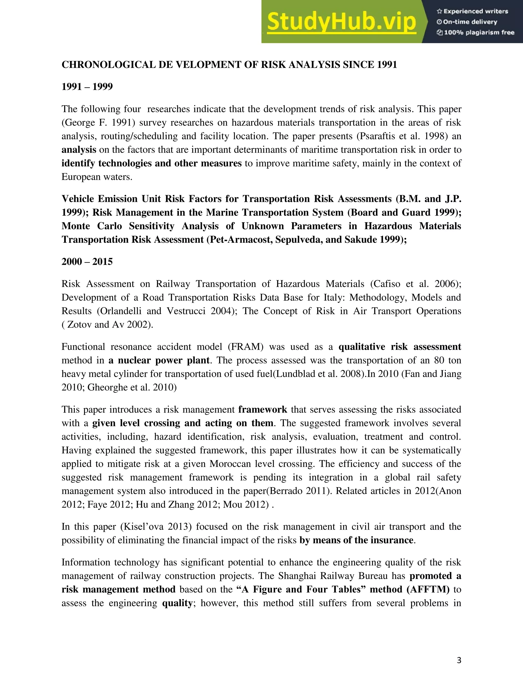 A Comprehensive Literature Review On Transportation System Risk Analysis | PDF