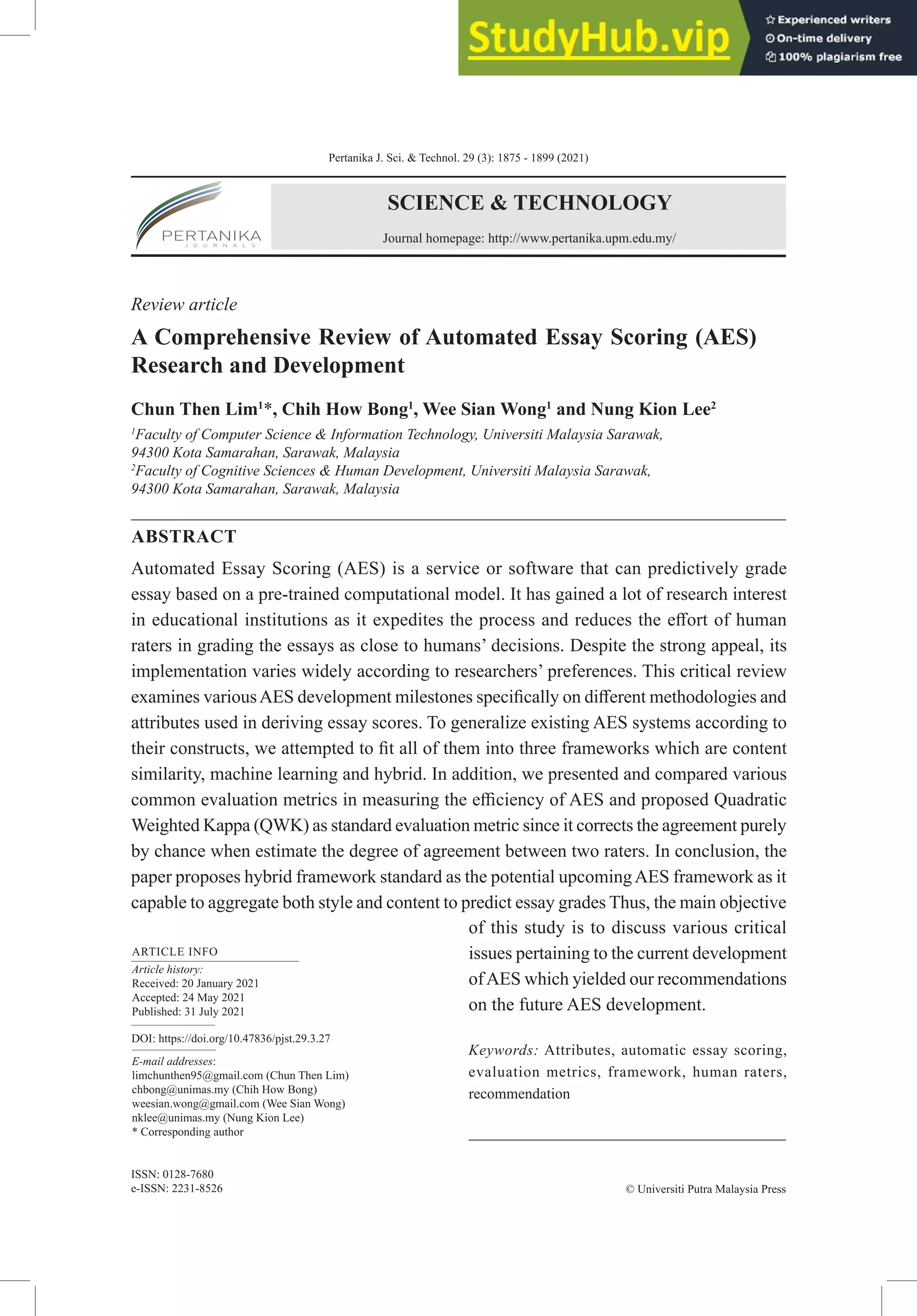 A Comprehensive Review Of Automated Essay Scoring (AES) Research And Development | PDF