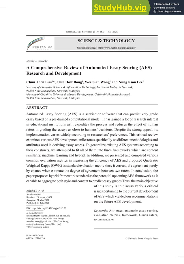 A Comprehensive Review Of Automated Essay Scoring (AES) Research And Development | PDF ...