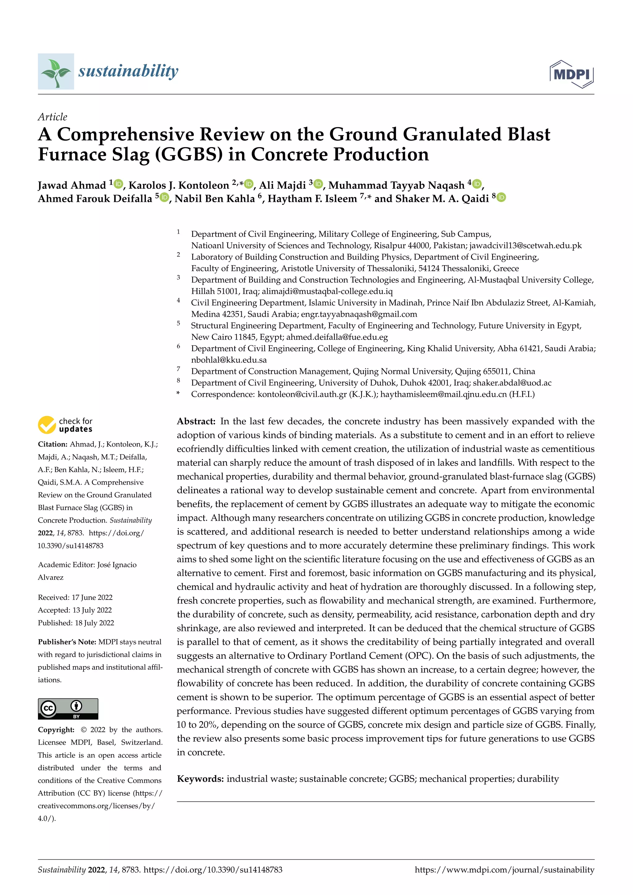 A Comprehensive Review on the Ground Granulated Blast Furnace Slag ...