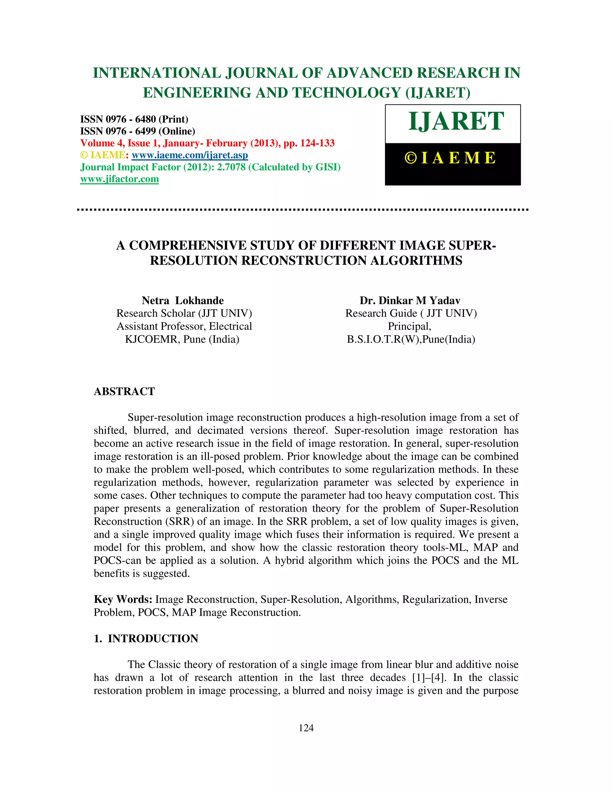 A comprehensive study of different image super resolution reconstruction algorithms | PDF