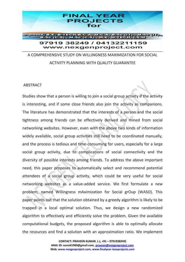 A COMPREHENSIVE STUDY ON WILLINGNESS MAXIMIZATION FOR SOCIAL ACTIVITY ...
