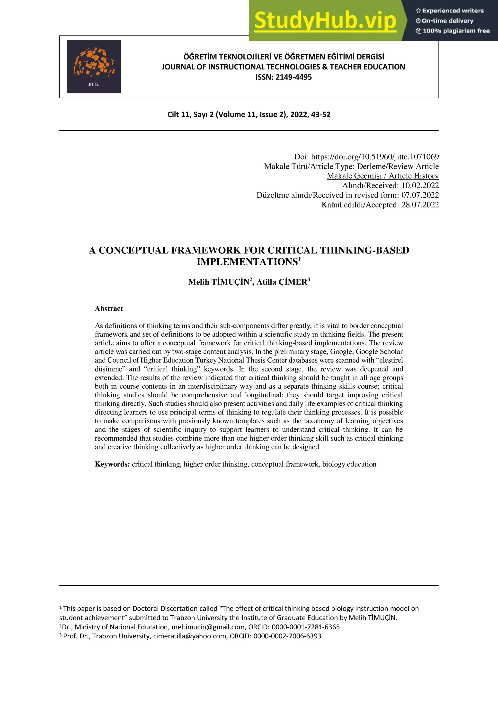 A CONCEPTUAL FRAMEWORK FOR CRITICAL THINKING-BASED IMPLEMENTATIONS 1 | PDF