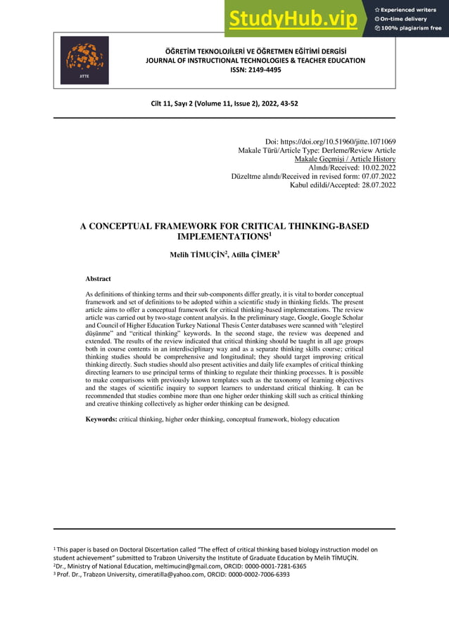 A CONCEPTUAL FRAMEWORK FOR CRITICAL THINKING-BASED IMPLEMENTATIONS 1 | PDF