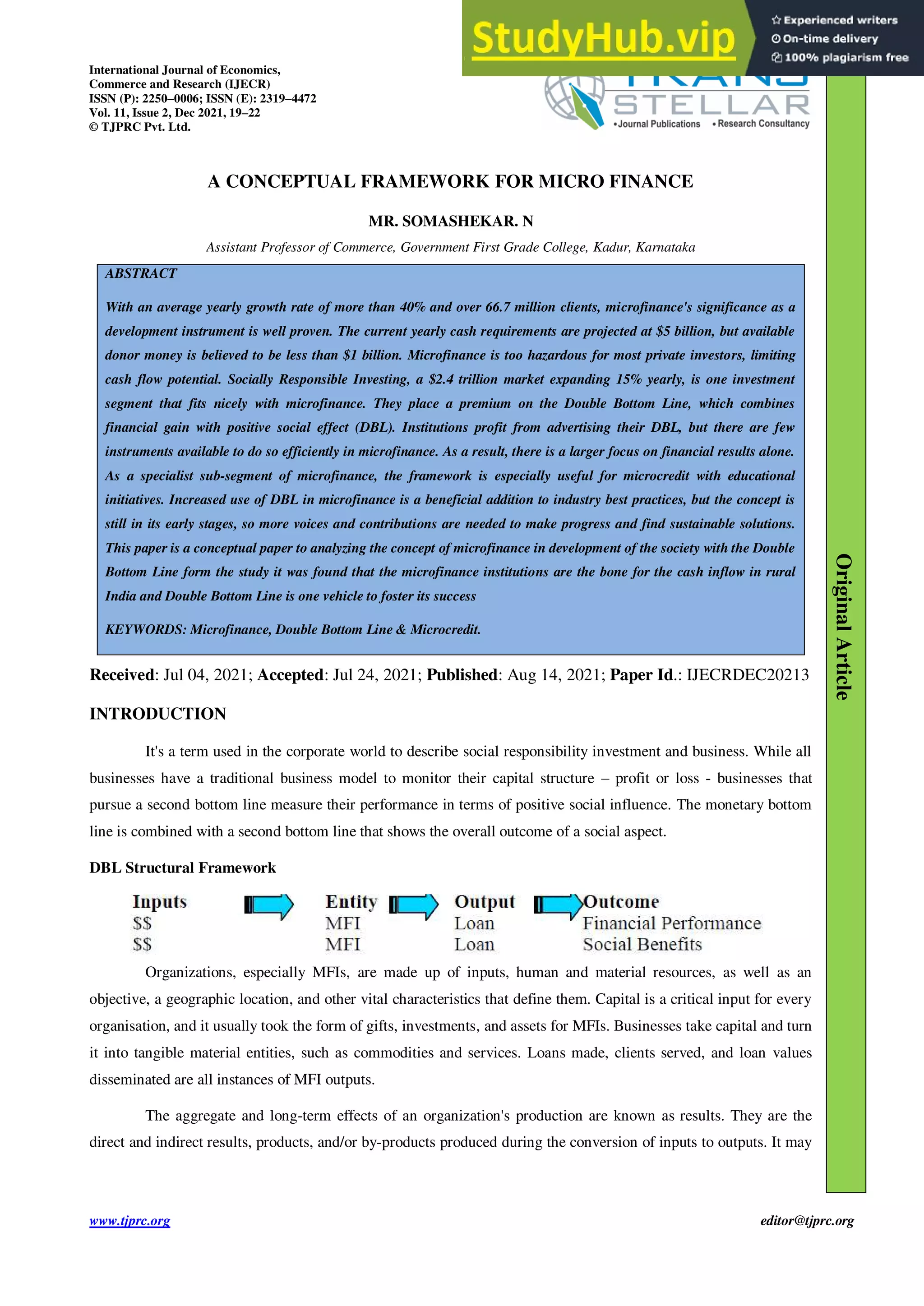 A CONCEPTUAL FRAMEWORK FOR MICRO FINANCE | PDF | Business Accounting ...