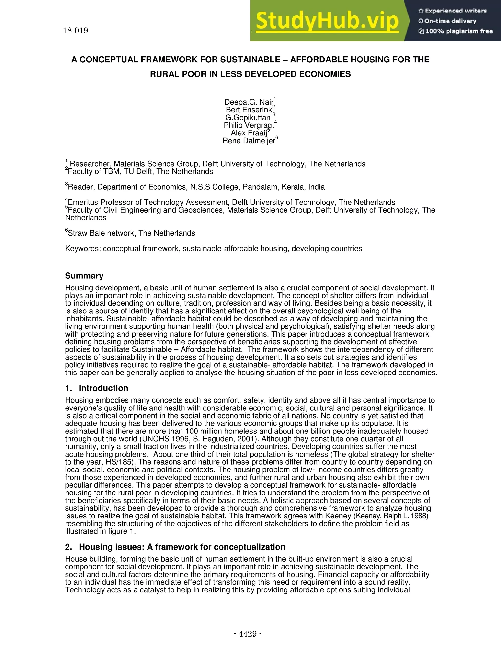A CONCEPTUAL FRAMEWORK FOR SUSTAINABLE AFFORDABLE HOUSING FOR THE RURAL ...