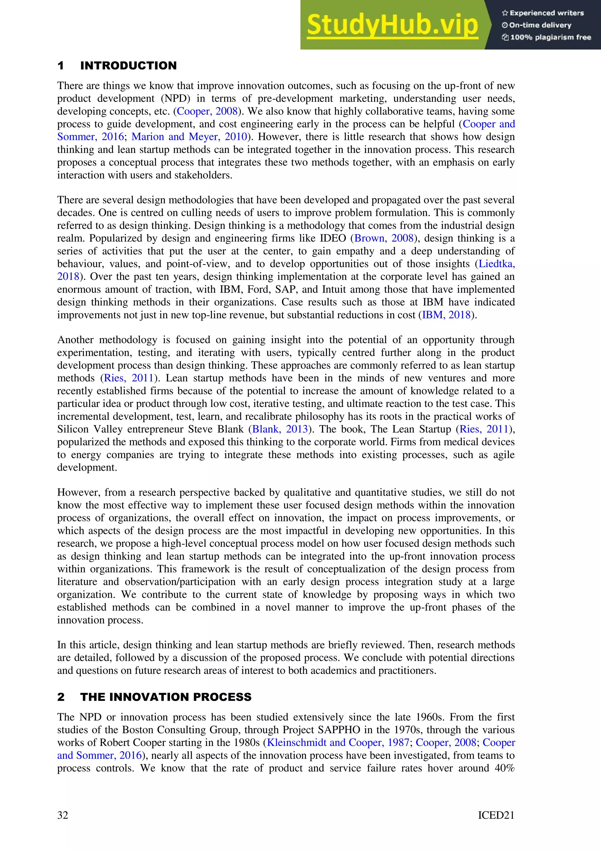 A Conceptual Model For Integrating Design Thinking And Lean Startup Methods Into The Innovation ...
