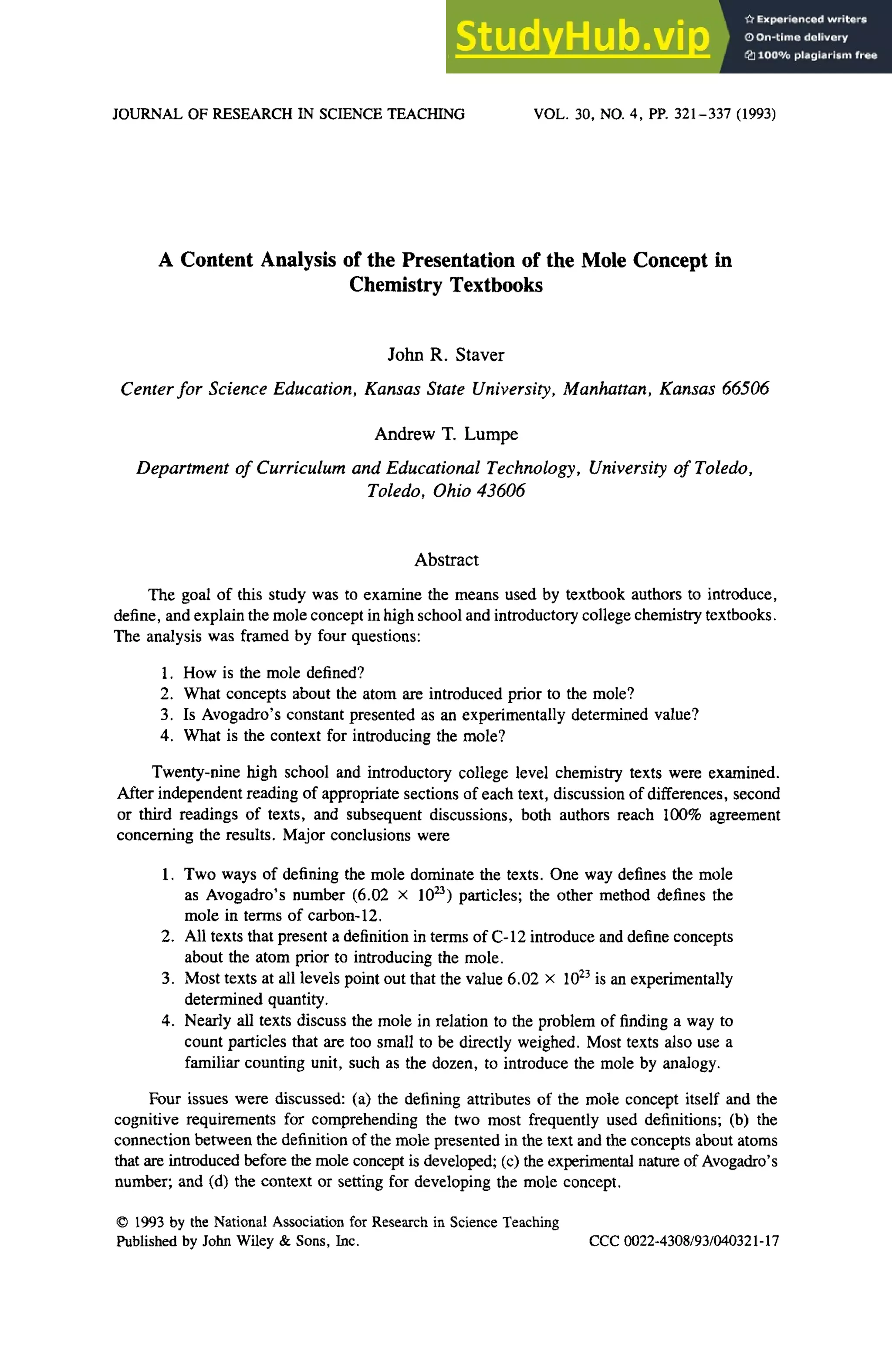 A Content Analysis Of The Presentation Of The Mole Concept In Chemistry ...