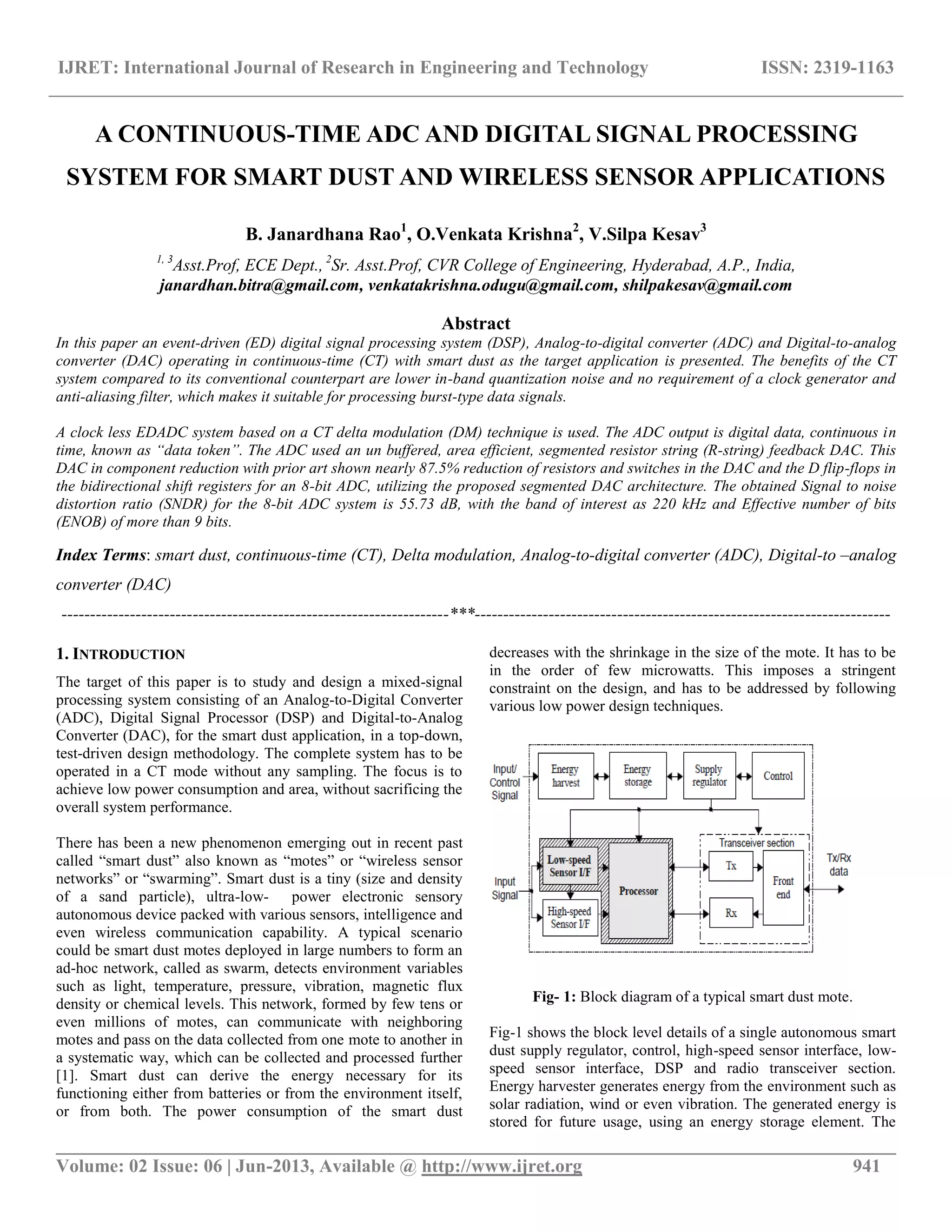 A continuous time adc and digital signal processing system for smart dust and wireless sensor ...