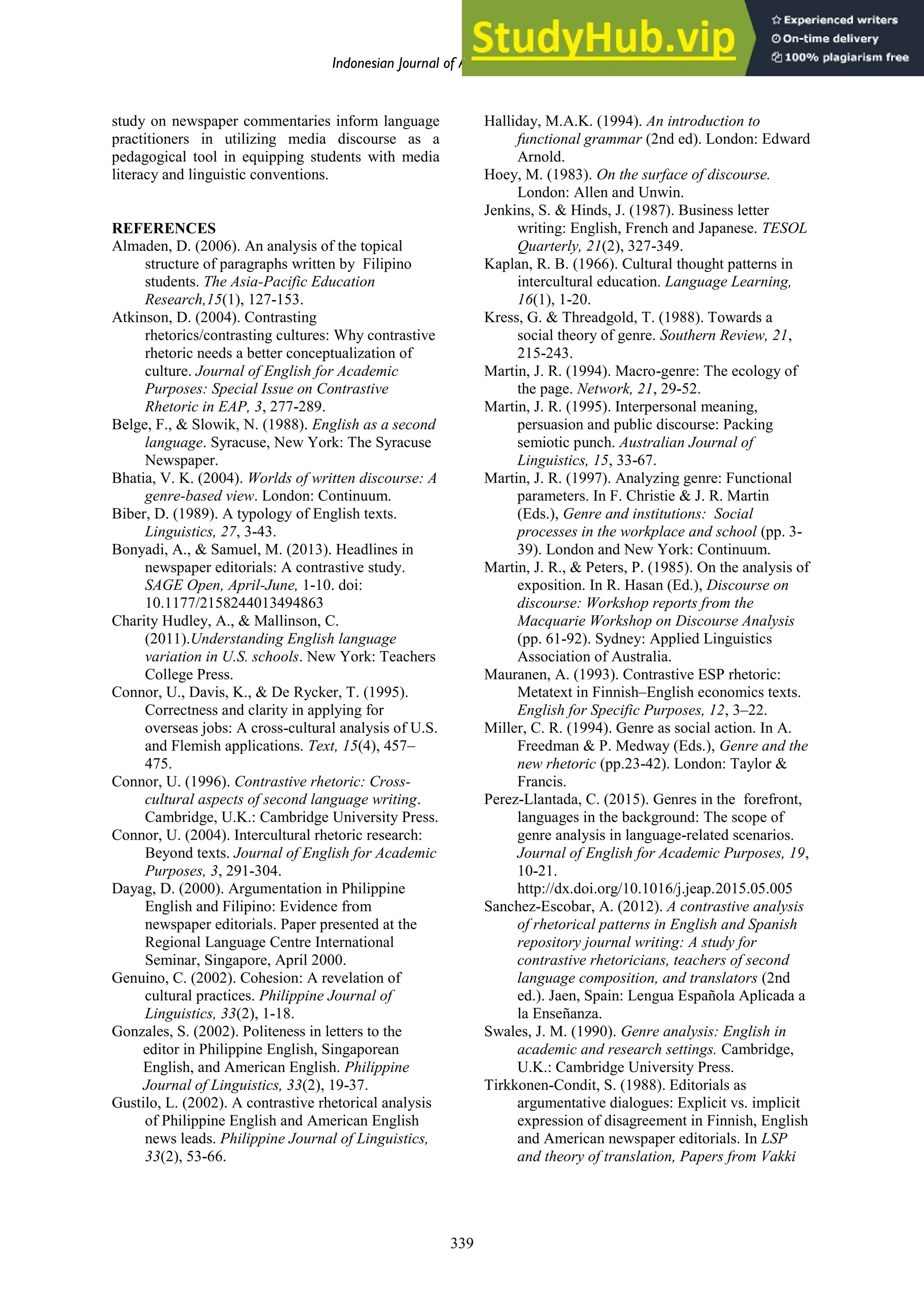 A CONTRASTIVE RHETORICAL ANALYSIS OF PHILIPPINE AND SRI LANKAN ENGLISH NEWS COMMENTARIES | PDF