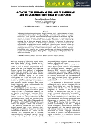 A CONTRASTIVE RHETORICAL ANALYSIS OF PHILIPPINE AND SRI LANKAN ENGLISH NEWS COMMENTARIES | PDF
