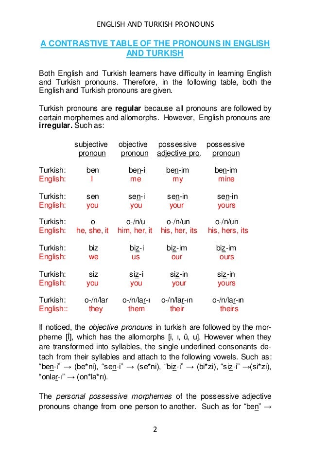 A contrastive table of the pronouns in english and turkish tuksel gok…