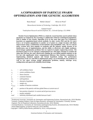 A comparison of particle swarm optimization and the genetic algorithm by Rania Hassan | PDF