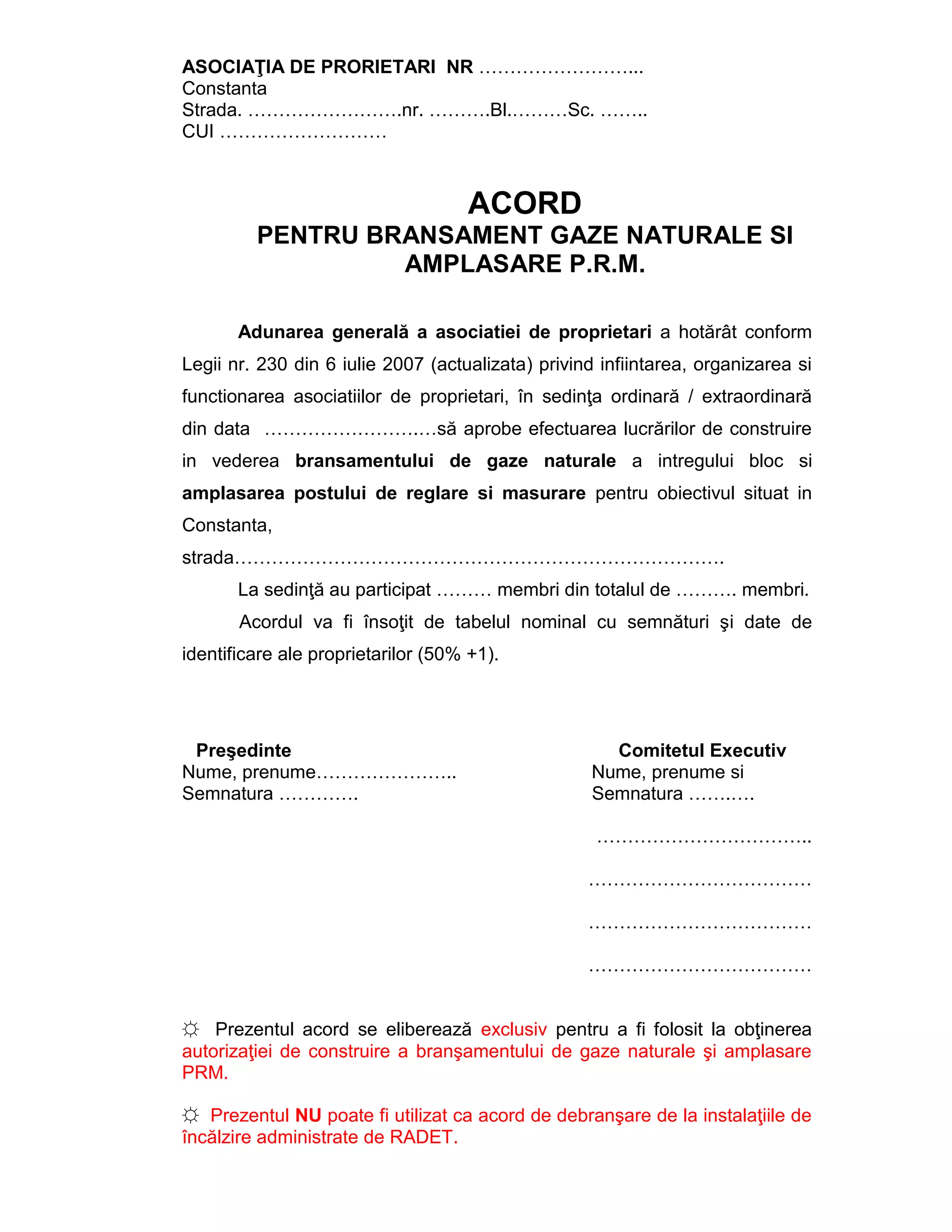 Acord bransament si instalatie de utilizare asociatii de proprietari | PDF