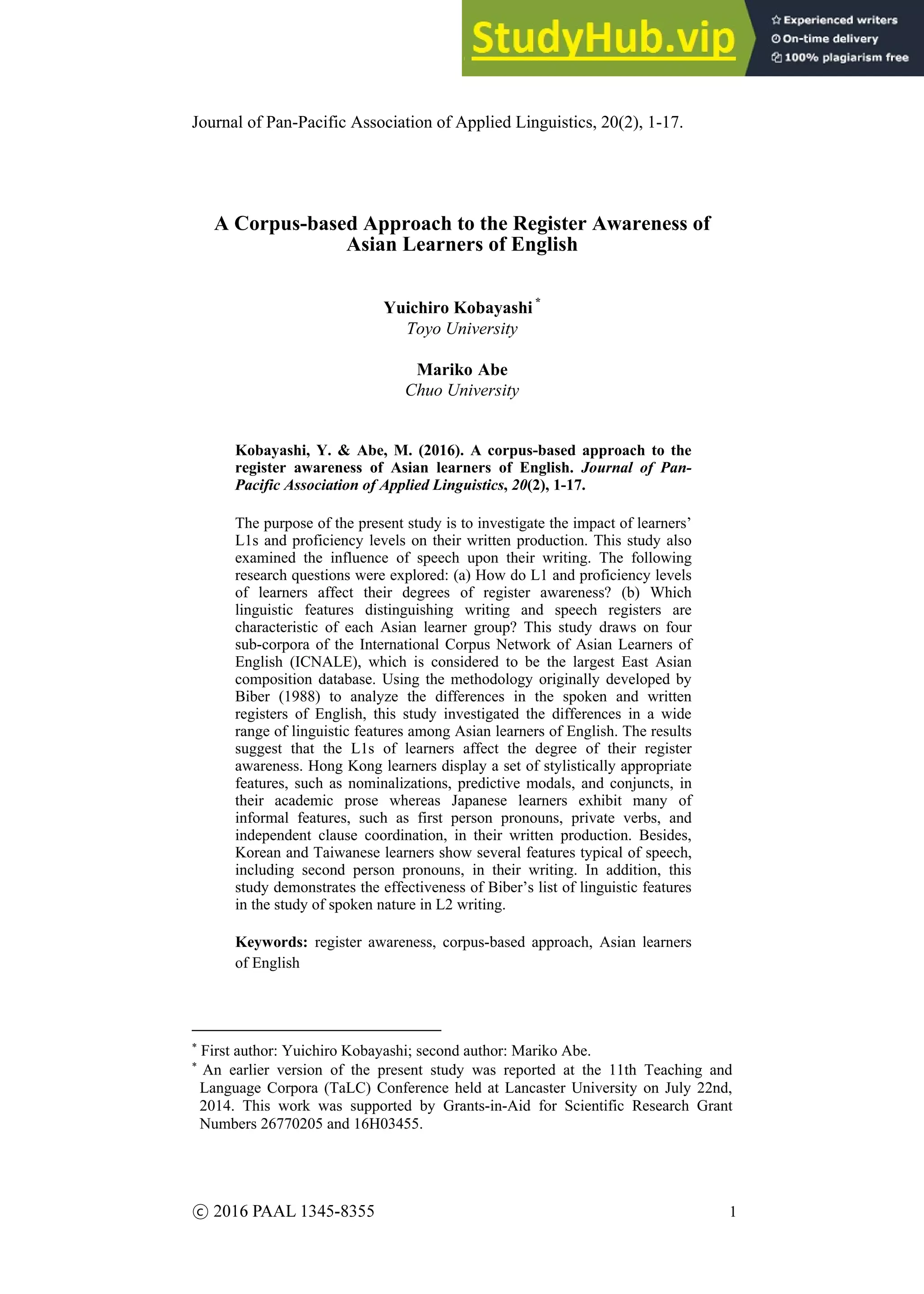 A Corpus-Based Approach To The Register Awareness Of Asian Learners Of ...
