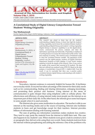 A Correlational Study Of Digital Literacy Comprehension Toward Students ...