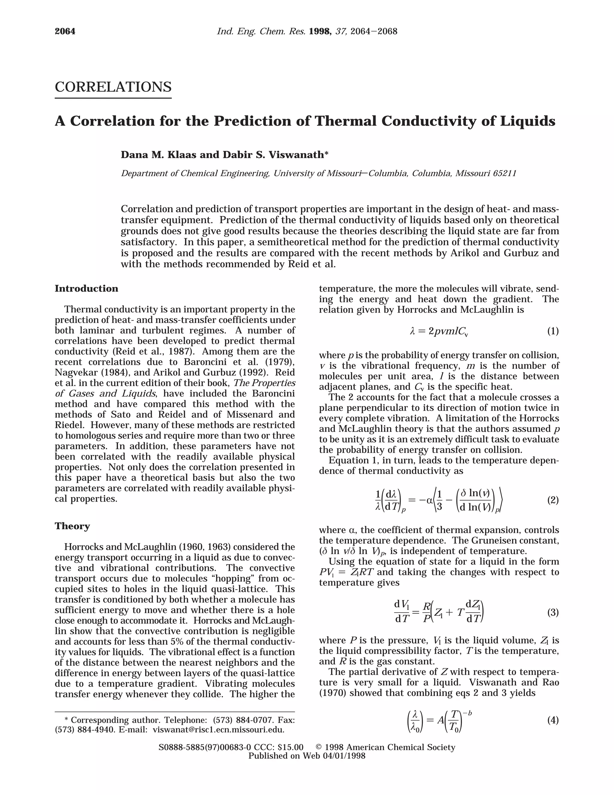 A correlation for the prediction of thermal conductivity of liquids | PDF