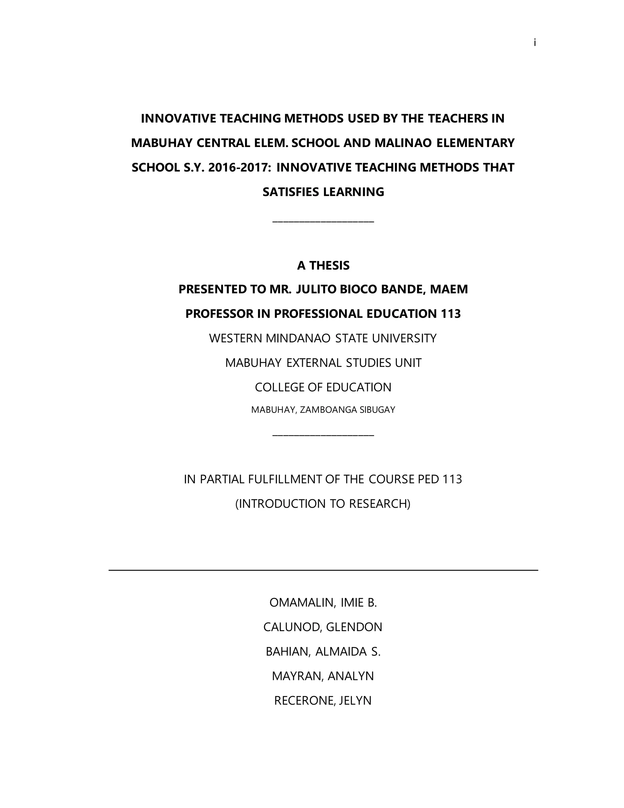 Innovative Teaching Methods Used by the Teachers (A cover page and ...