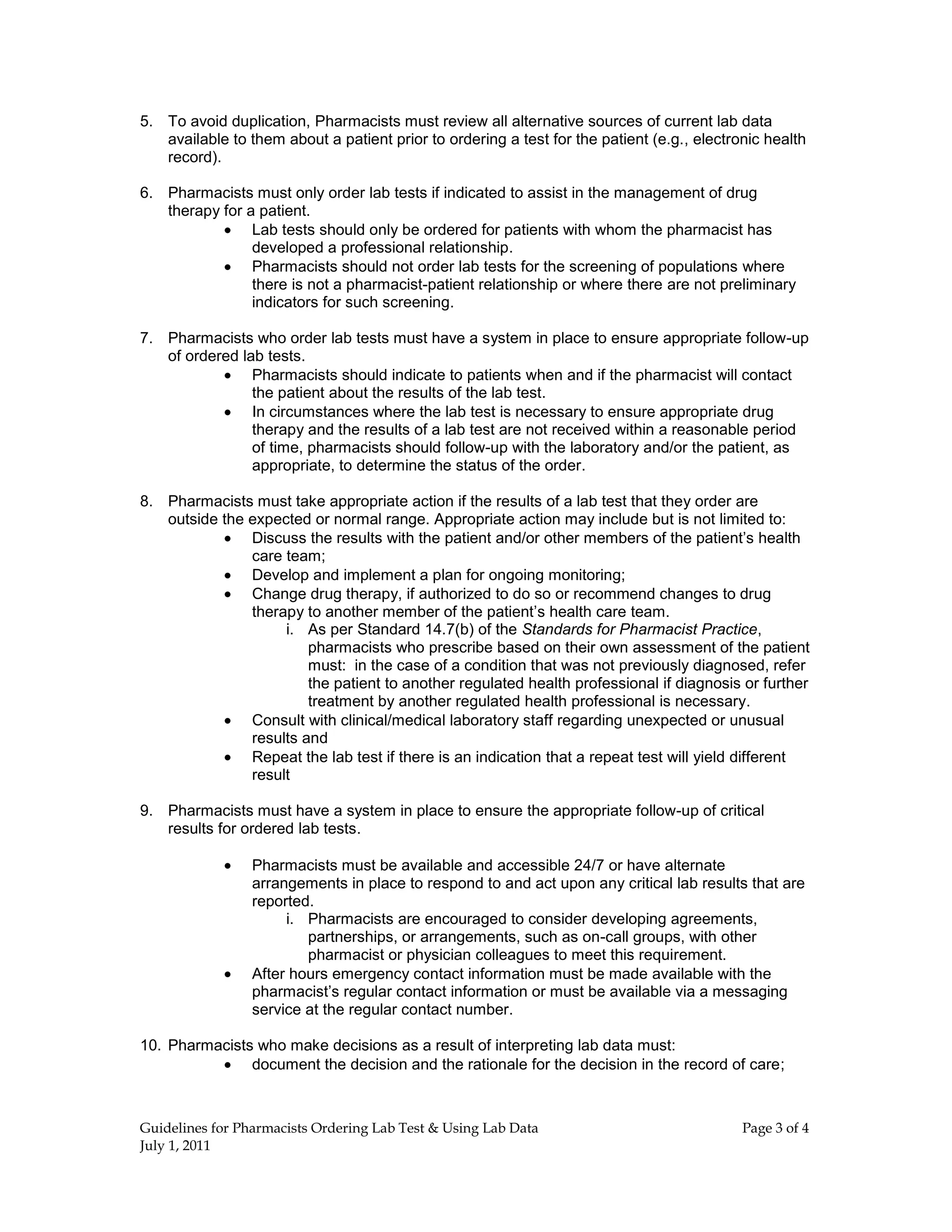 Acp guidelines for pharmacists ordering lab tests and using laboratory ...