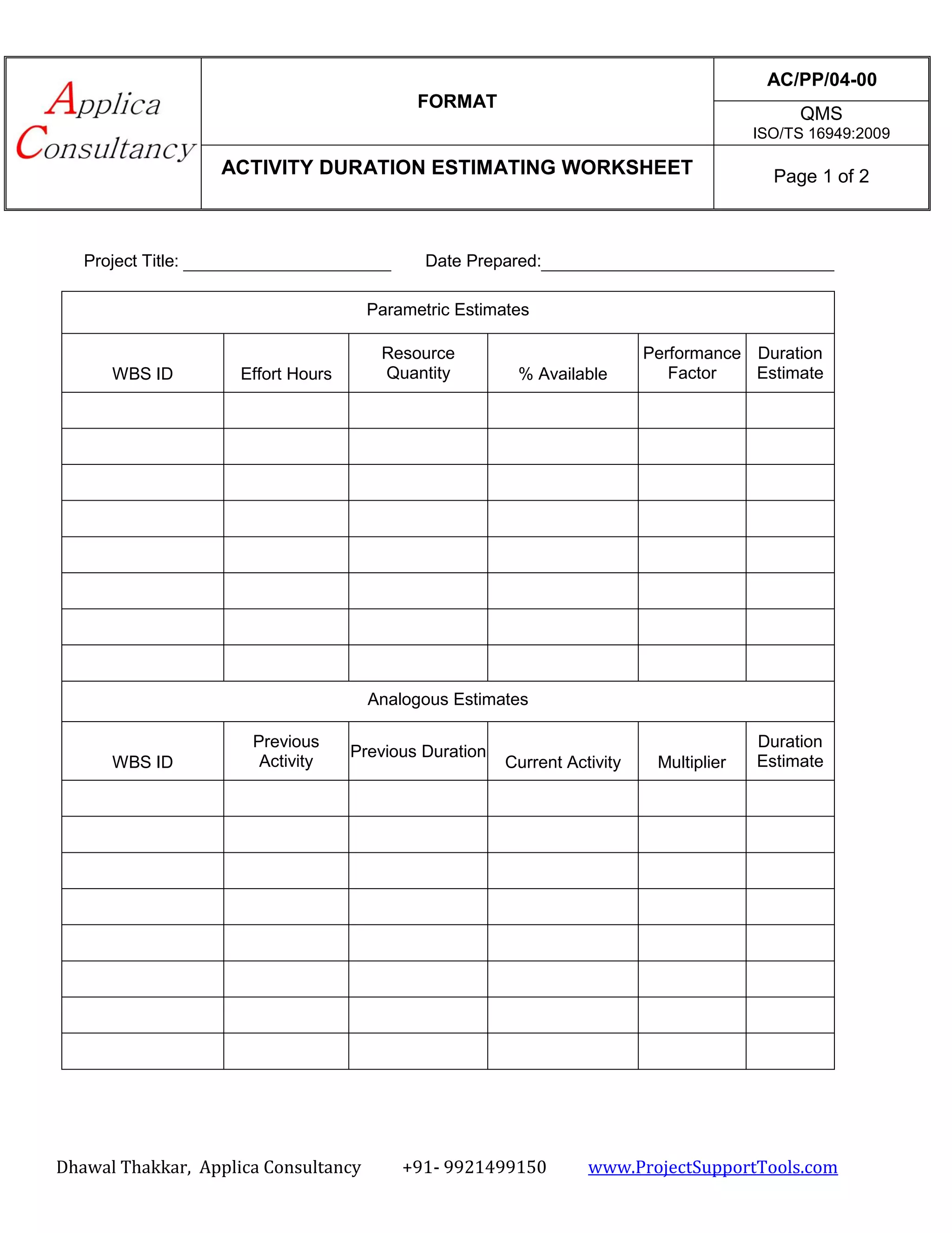 Activity Duration Estimate - Ready template | PDF