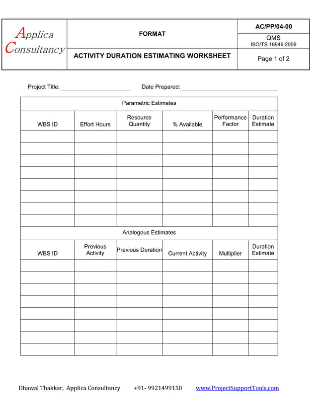 Activity Duration Estimate - Ready template | PDF