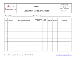 Assumption and Constrains log - A Project Management Document. | PDF