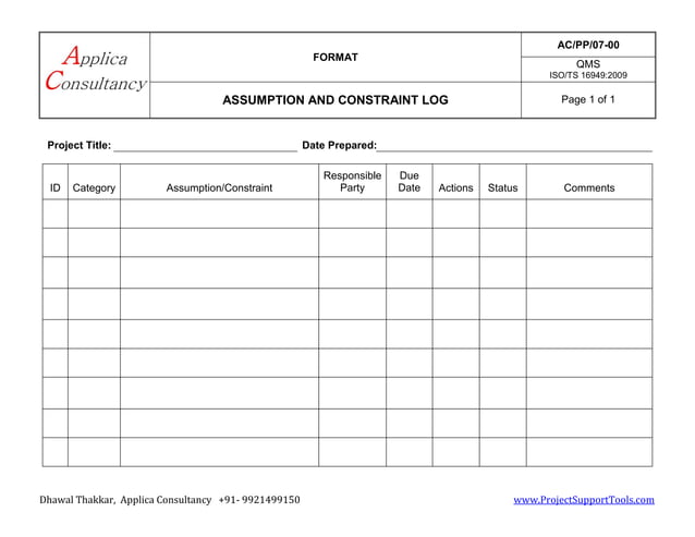 Assumption and Constrains log - A Project Management Document. | PPT