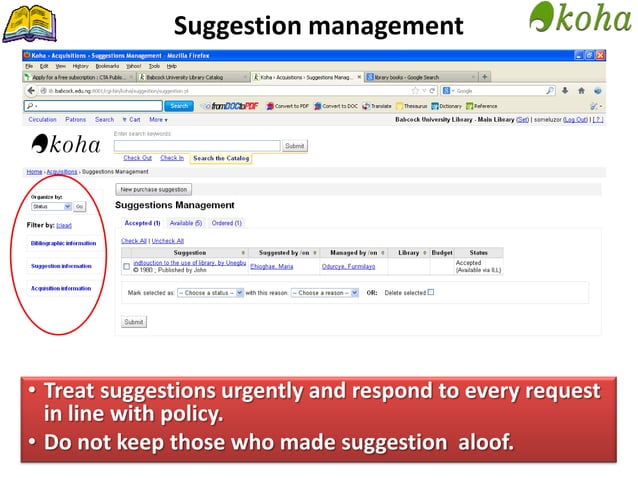 Acquisition module on koha integrated library system | PPTX